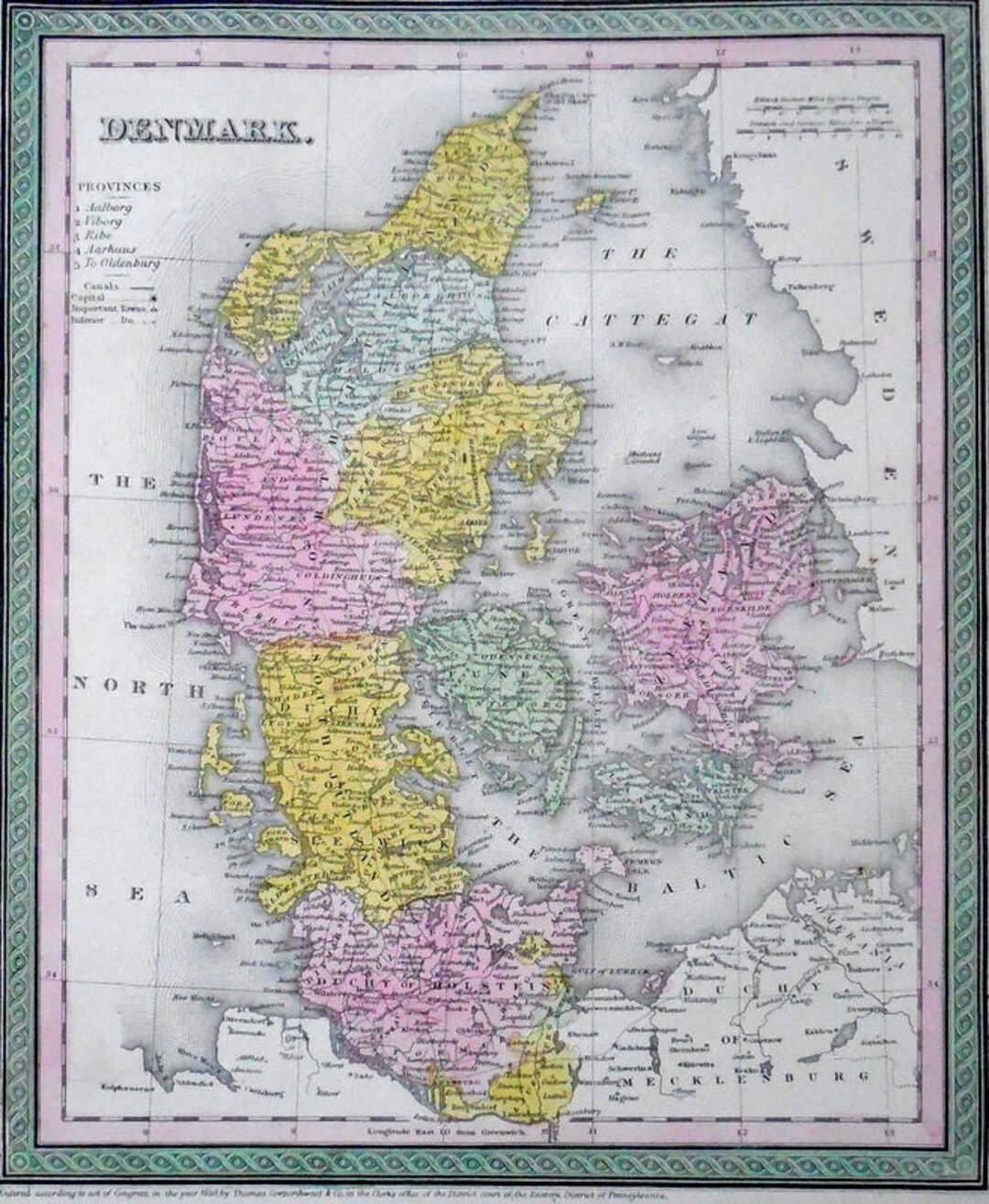 1850 Denmark Original Map by Cowperthwait/mitchell. Engraved ...