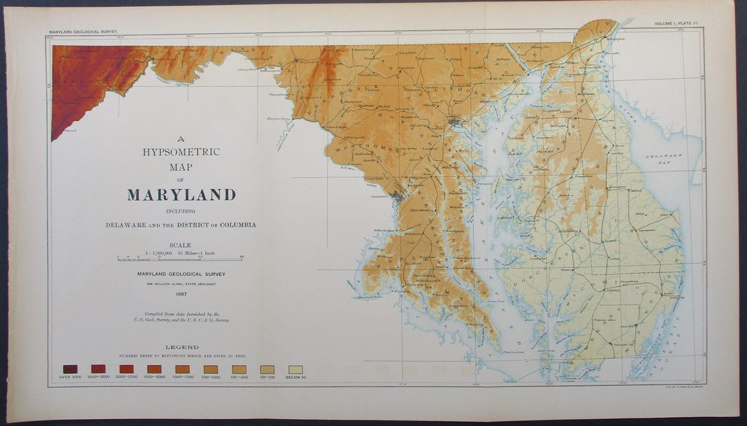 1897 Maryland MD Antique Hypsometric Map Showing Elevation, Including ...