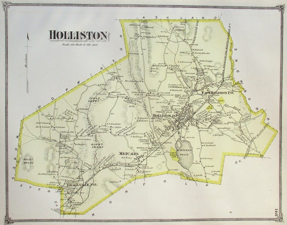1875 Holliston Massachusetts Town Map Winthrop Pond Metcalf - Etsy