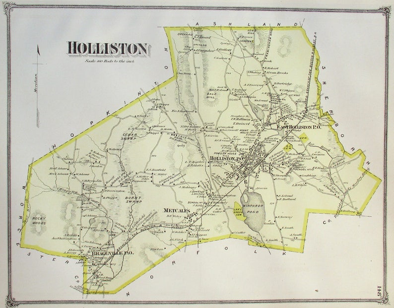 1875 Holliston Massachusetts Town Map Winthrop Pond, Metcalf ...
