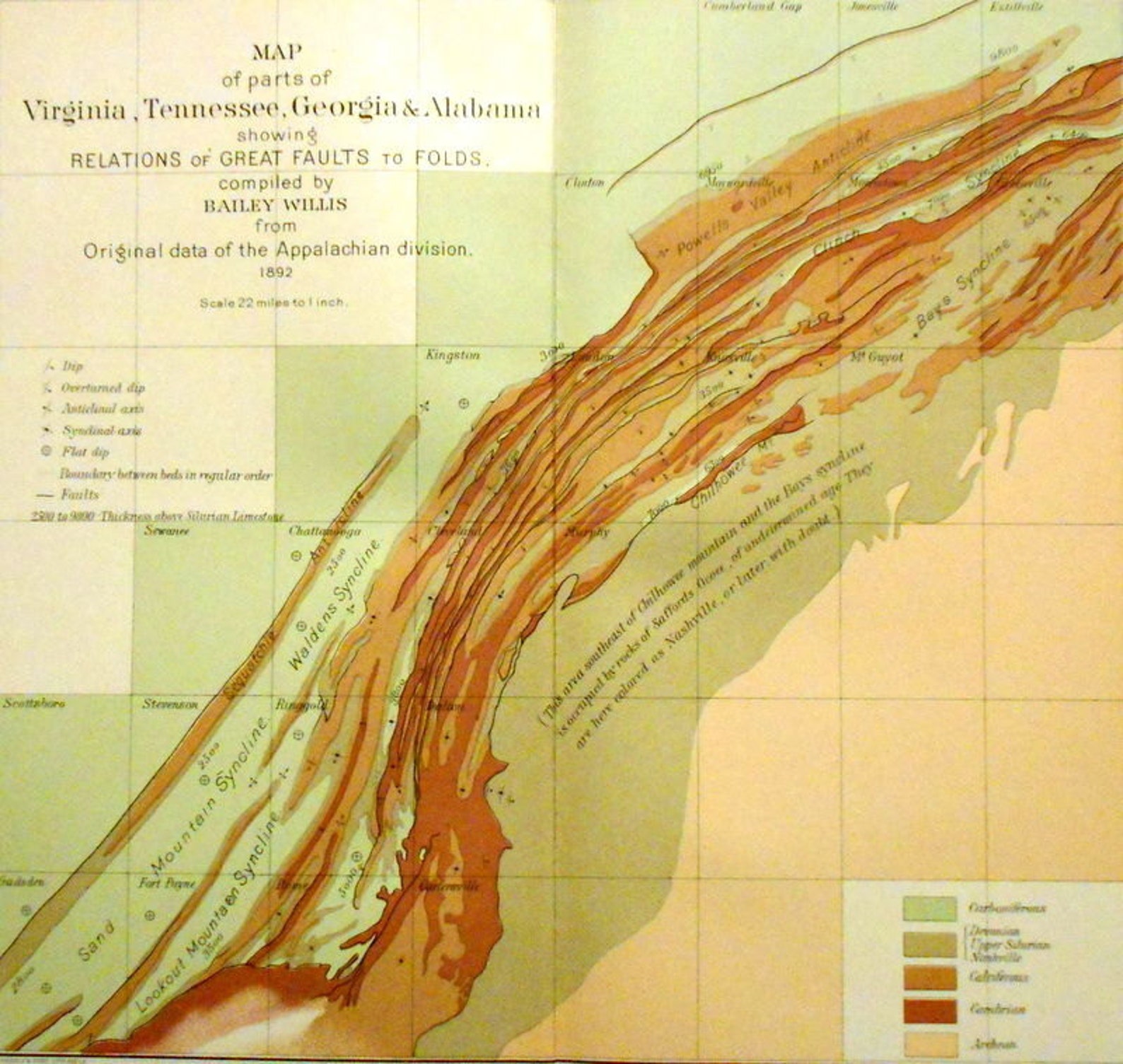 1893 Appalachian Faults & Folds. Virginia Tennessee Georgia Alabama ...