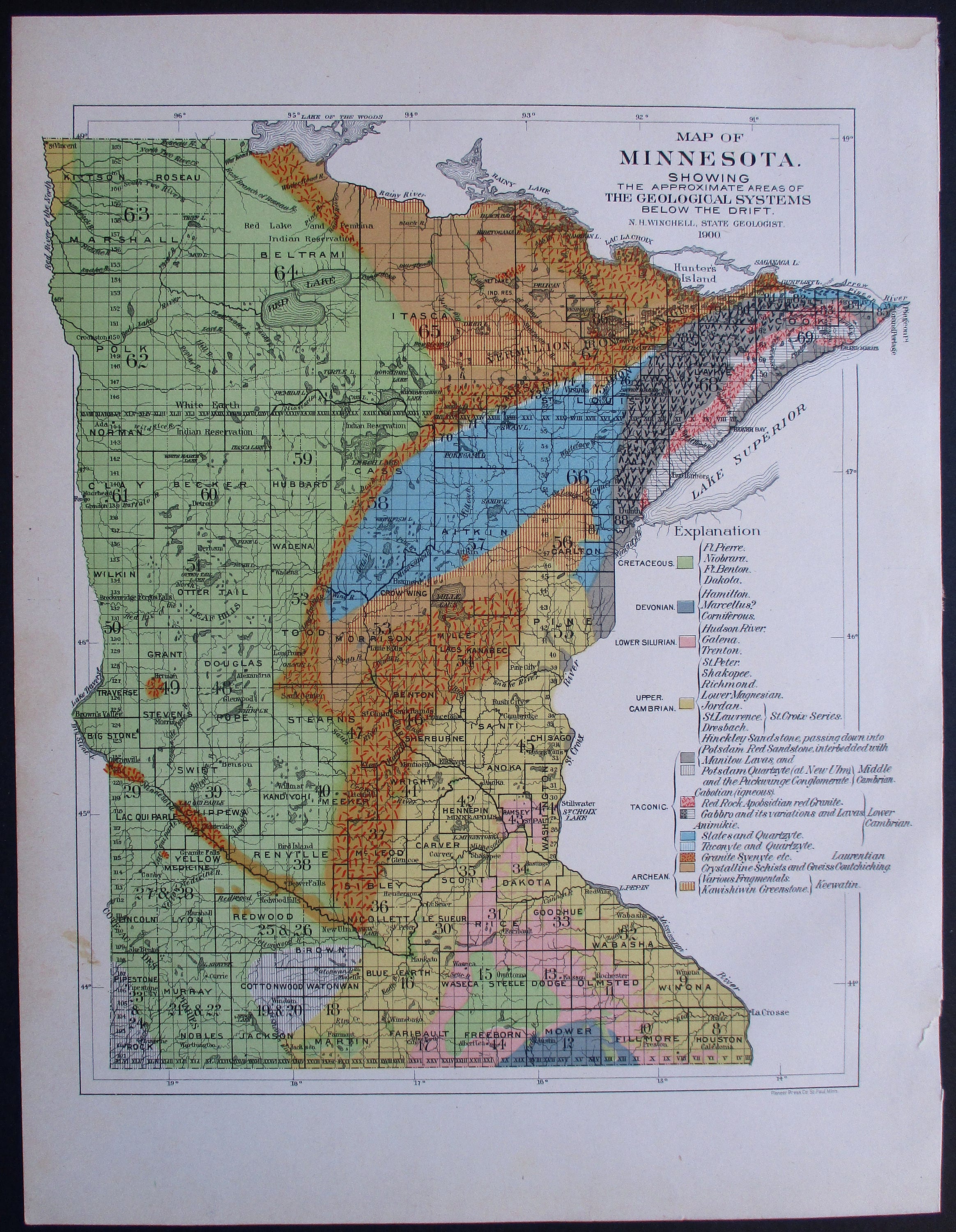 1901 Minnesota Scarce Original Map by NH Winchell Showing Geological ...