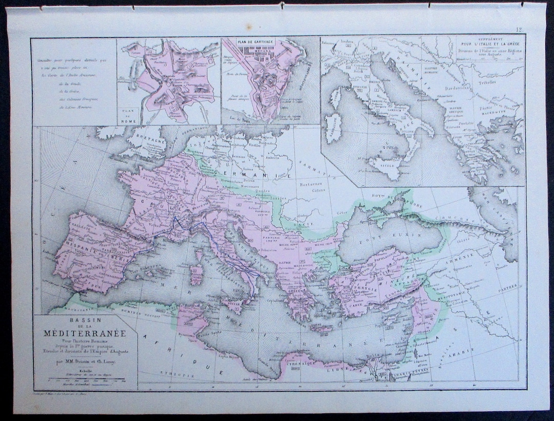 1887 Mediterranean Basin Map, Roman Empire From Punic Wars, With Plans ...