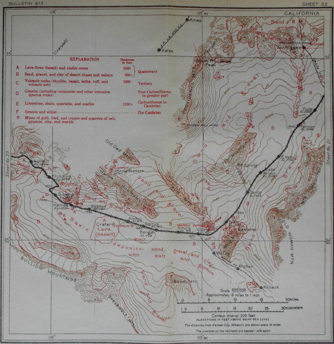 1915 California Railroad Map Piute, Fenner, Danby, Cadiz, Altura ...