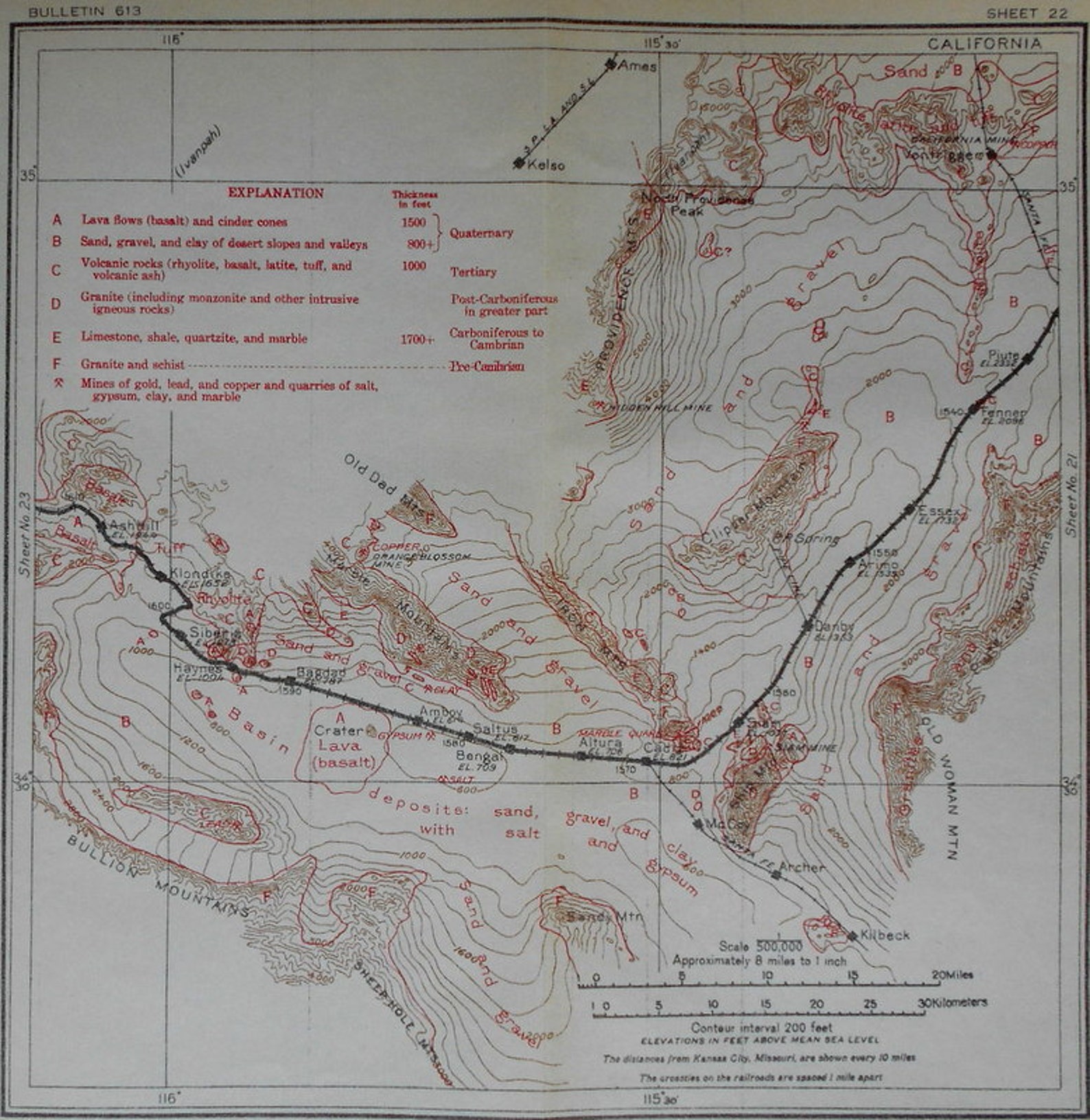 1915 California Railroad Map Piute, Fenner, Danby, Cadiz, Altura ...