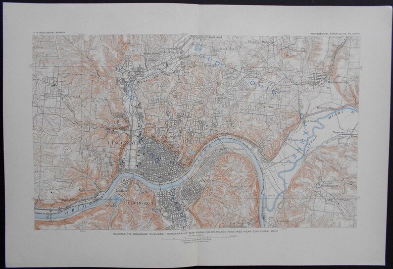 1908 Map: Cincinnati, Ohio River, Covington, Cheviot, Mount Washington ...