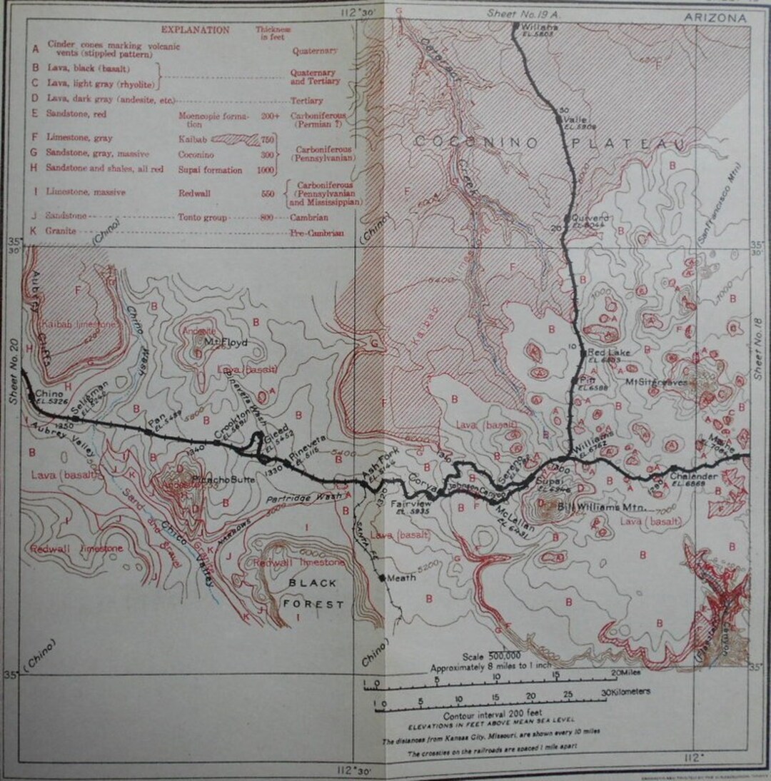 1915 Railroad Map Arizona. Santa Fe Railway Coconino Plateau, Quivero ...