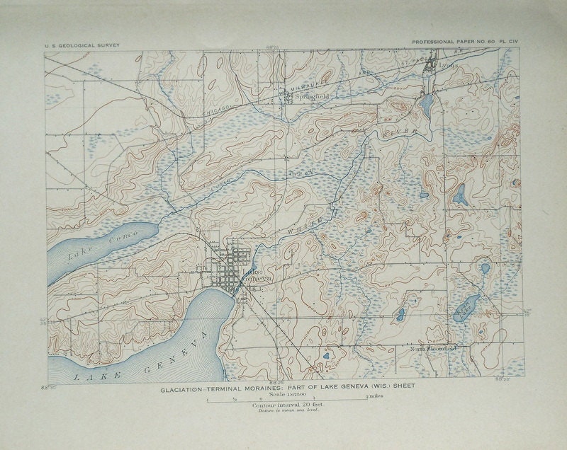 1908 Antique Map: Lake Geneva & Lake Como, Wisconsin WI White River ...