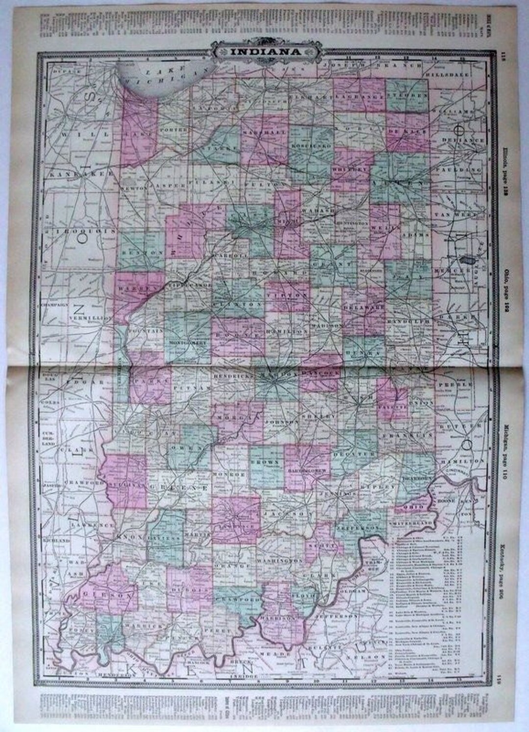 1895 Map: Counties, Towns of Indiana, Railroad Lines. Beautiful Color ...