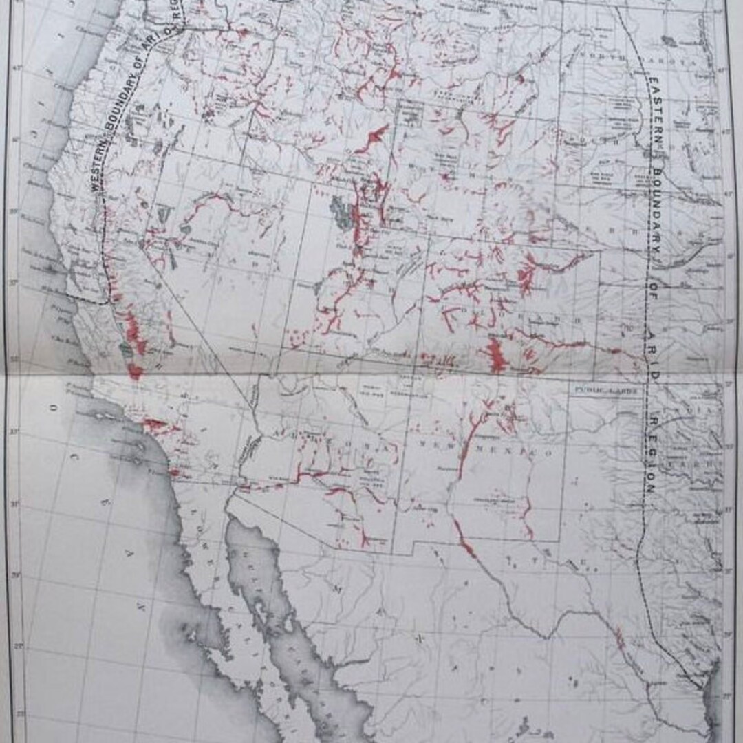 1890 Map USA Arid Region, Showing Irrigated Areas Western United States ...