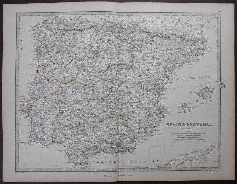 1872 Antique Map of Spain Portugal Gibraltar Ibiza - Etsy