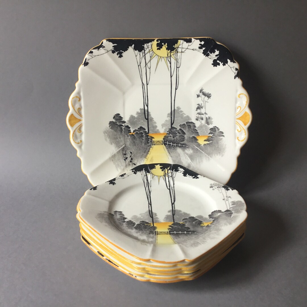 Vintage Shelley, ‘tall Trees Sunrise’ Design, Cake/sandwich Plate & 6 ...