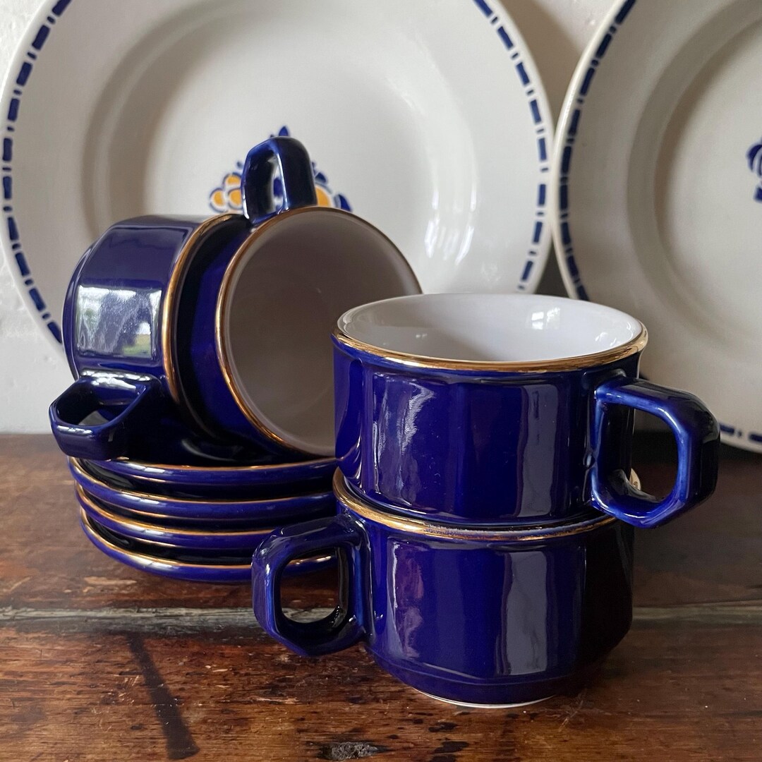 Apilco, French Vintage, Espresso Cups and Saucers, Blue and Gold, Set ...