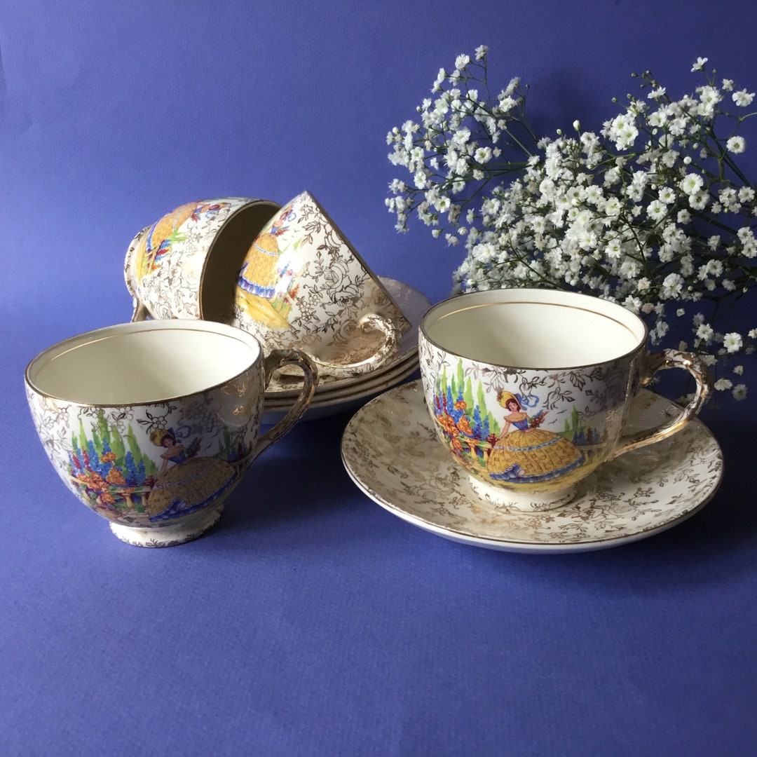 Vintage Crinoline Lady Chintzy China, Set of 4 Cups and Saucers, Made ...