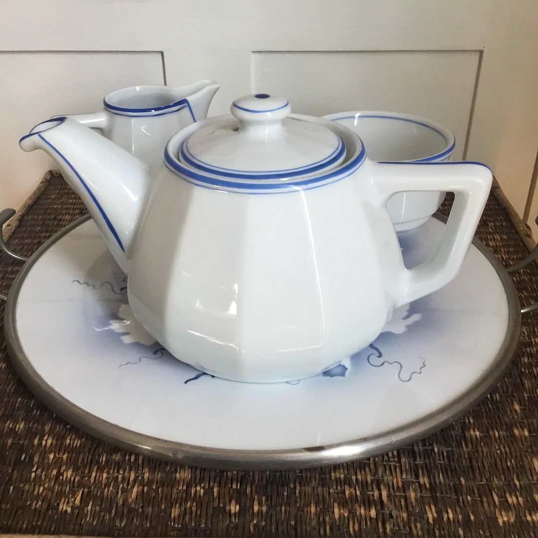 Apilco Bistro Ware Large Teapot, White and Blue, C1980s. - Etsy