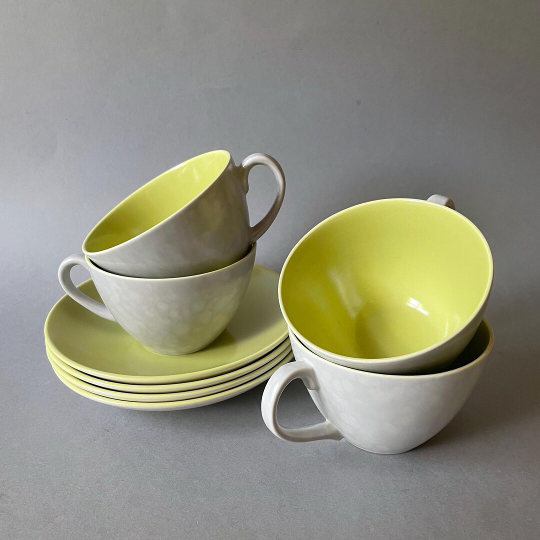 Vintage Poole Pottery Twintone, Lime Yellow and Seagull Grey, Set of 4 ...