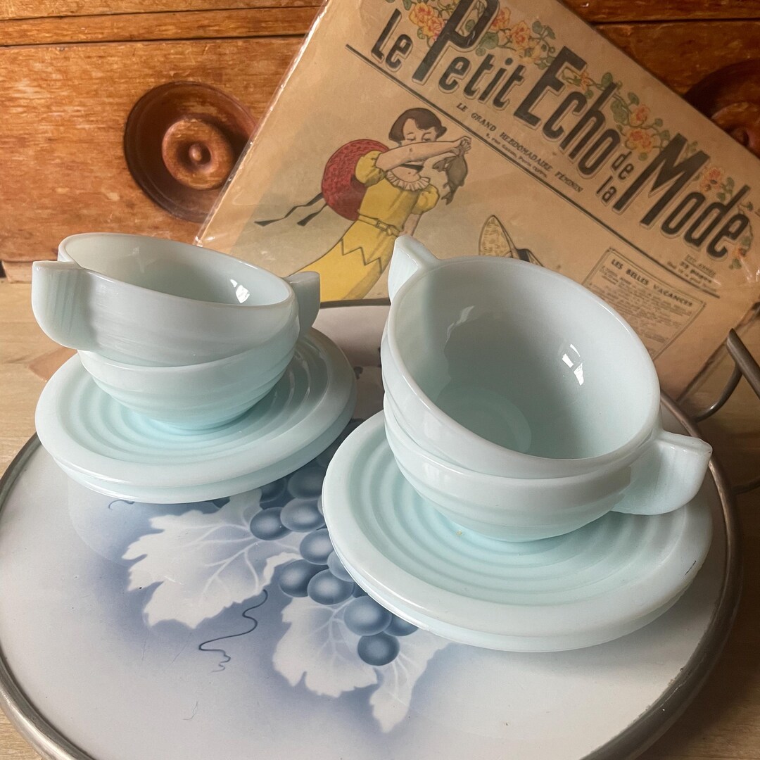 Vintage French Milk Glass Espresso Cups & Saucers - Art Deco Set of 4 ...