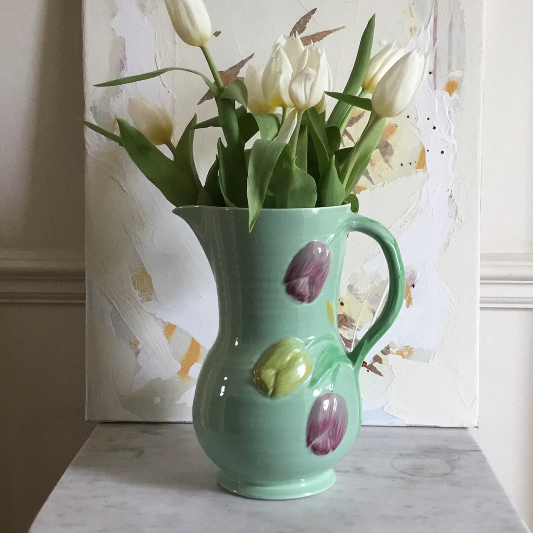Vintage Crown Devon Large Vase/pitcher With Majolica Tulip Design ...