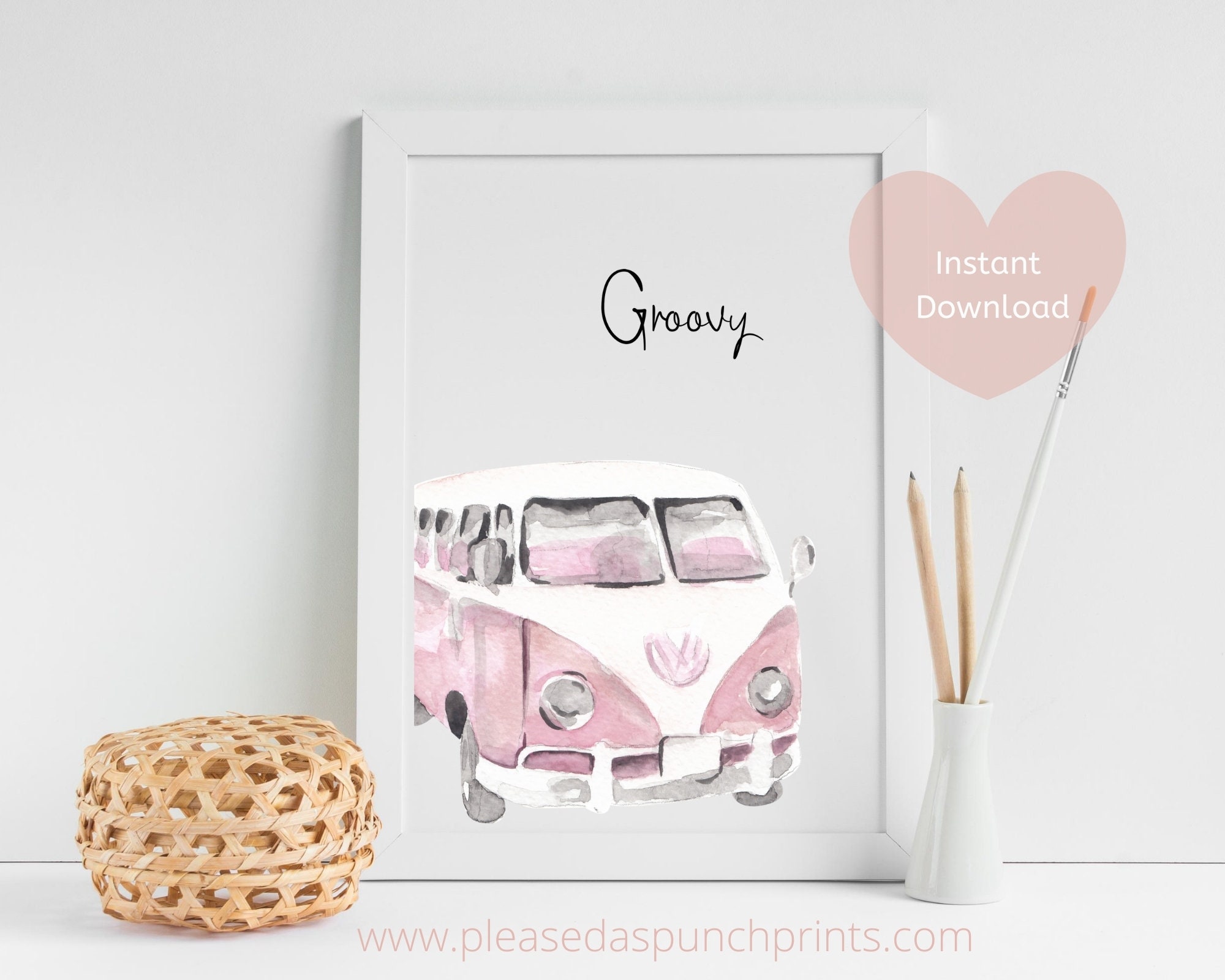 Groovy Watercolor VW Van Printable Graphics Retro Wall Decor Girly Wall ...