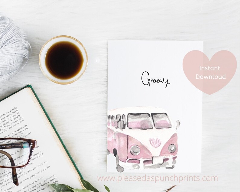 Groovy Watercolor VW Van | Printable Graphics | Retro Wall Decor ...