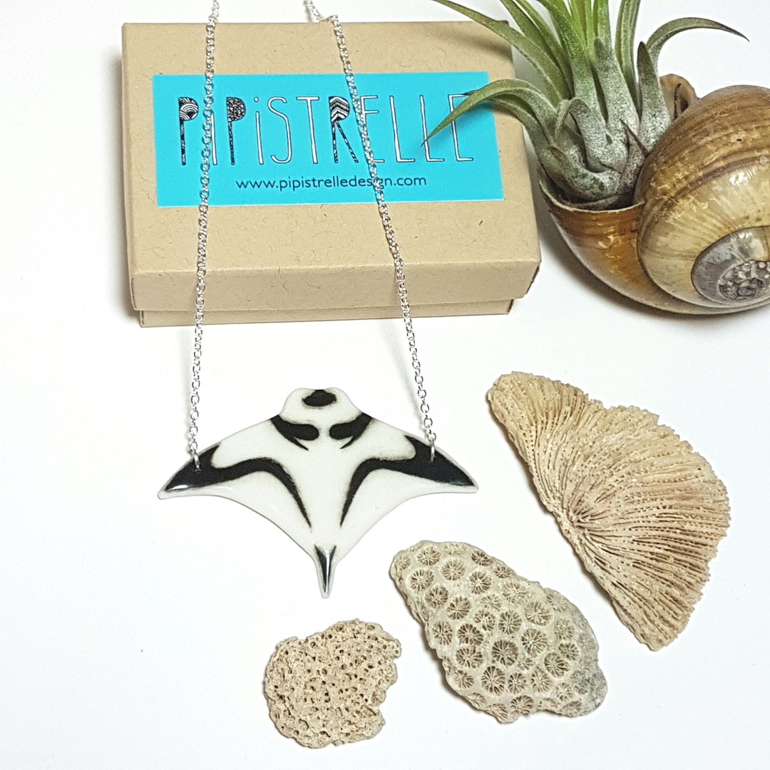 Porcelain Manta Ray Pendant, Hand Painted With Black and White Patterns ...