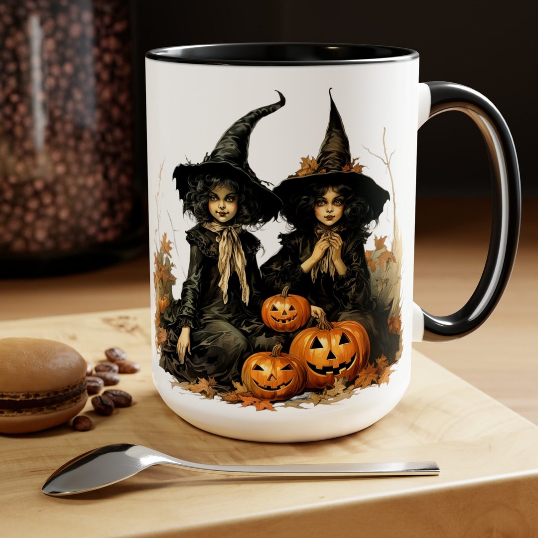 Vintage Halloween Witch Mug, Witches and Pumpkins, Retro Halloween Mug ...