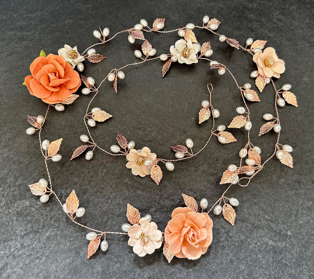 Peach & Rose Gold Bridal Hair Vine With Shades of Peach Flowers and ...