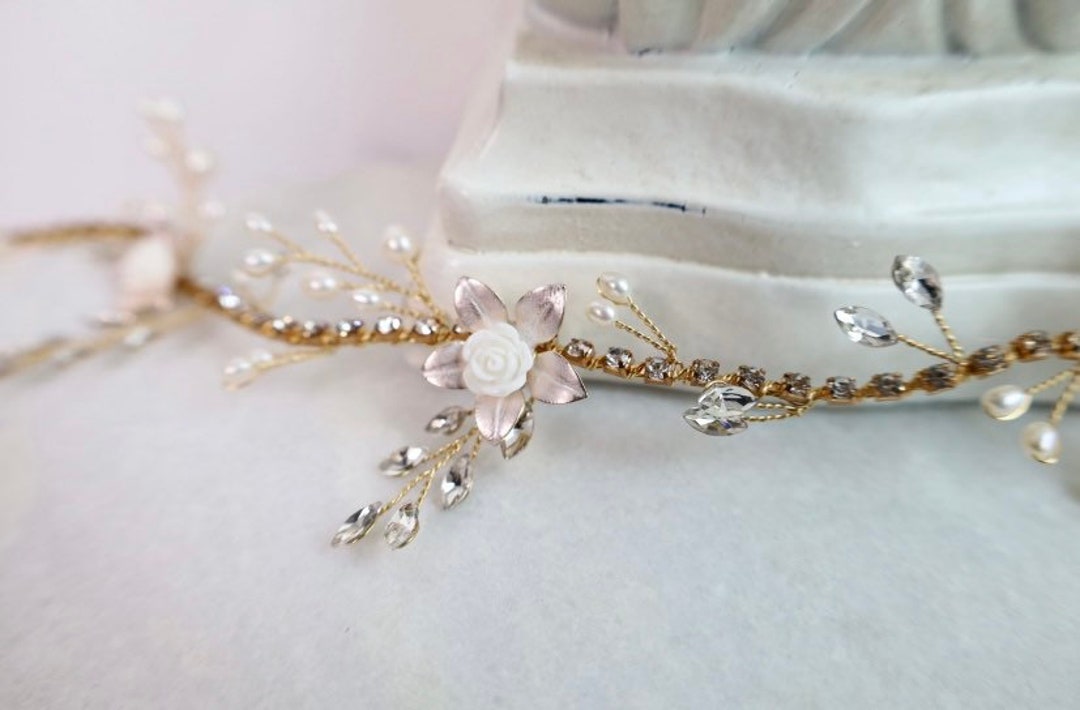 Rhinestone Hair Vine With Accent Flowers, Rhinestones and off White ...