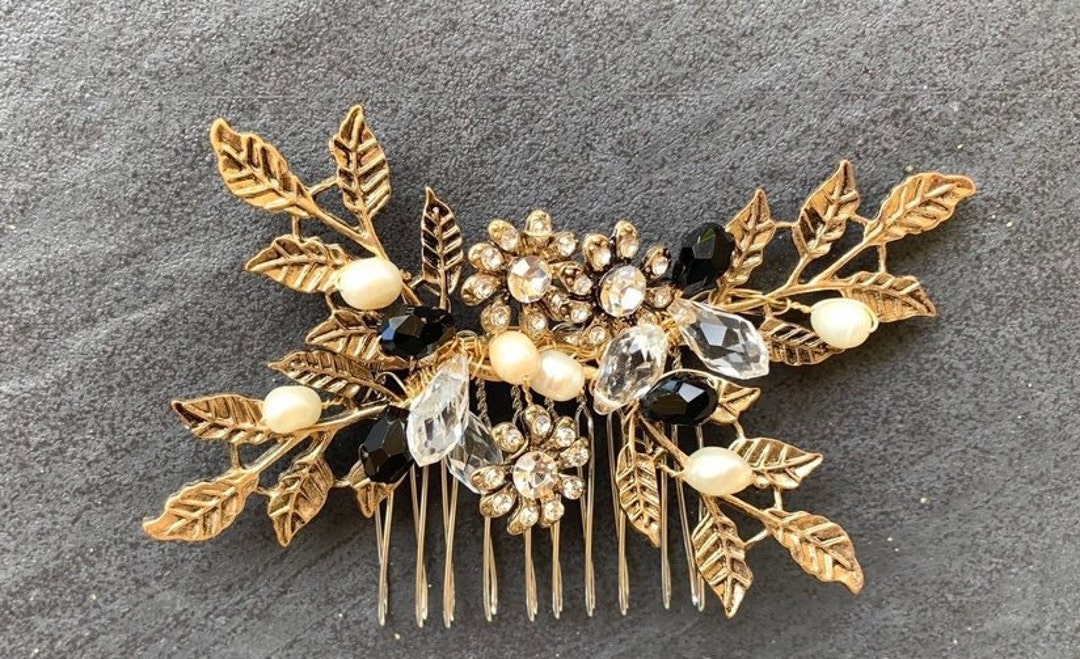 Antique Gold Hair Comb With Black Accent Crystals. Vintage Inspired ...