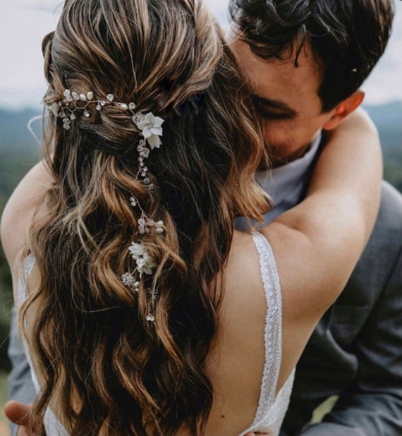 Long Flower Hair Vine With Soft White Flowers Bridal Hair Accessory Etsy UK