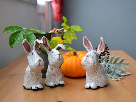 Ceramic bunny crackle figurine white bunny family hare gift moon gazing ...