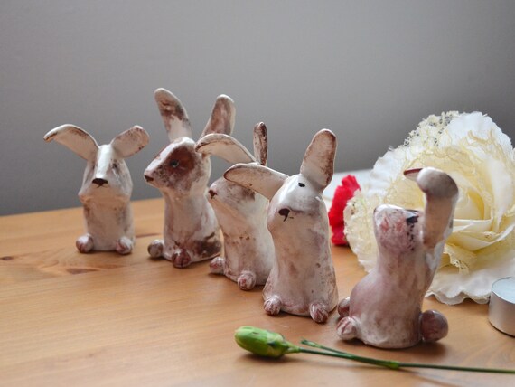 Ceramic bunny crackle figurine white bunny family hare gift moon gazing ...