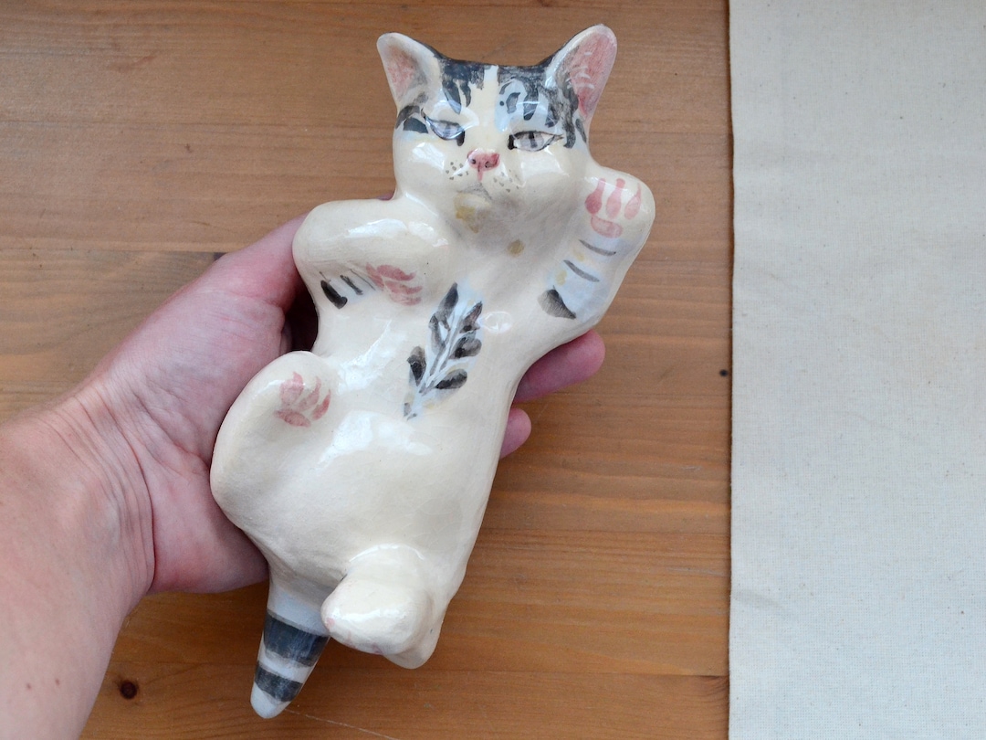 Ceramic Cat Figurine Tabby Cat Figurine Kitten Custom White Cat Grey ...