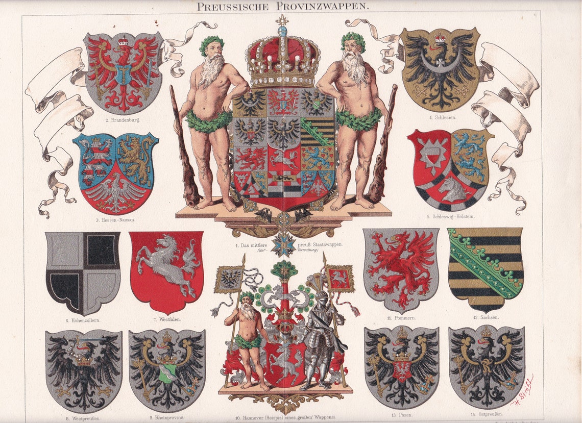 1894 GERMANY PREUßEN Wappen der Provinzen Lithografie Druck über 120 ...