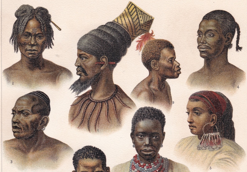 1890 AFRICA PEOPLE Arabs Fellah Kopt Buschmаn and Others Lithograph ...