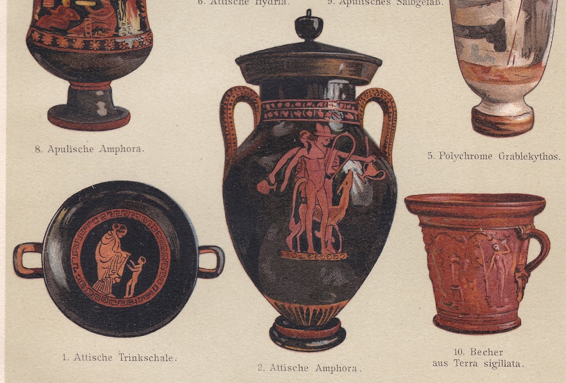 1894 Ancient GREECE CERAMIC ART Vases Antique Lithograph, 127 Years Old ...