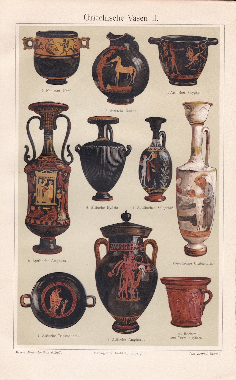 1894 Ancient GREECE CERAMIC ART Vases Antique Lithograph, 127 Years Old ...