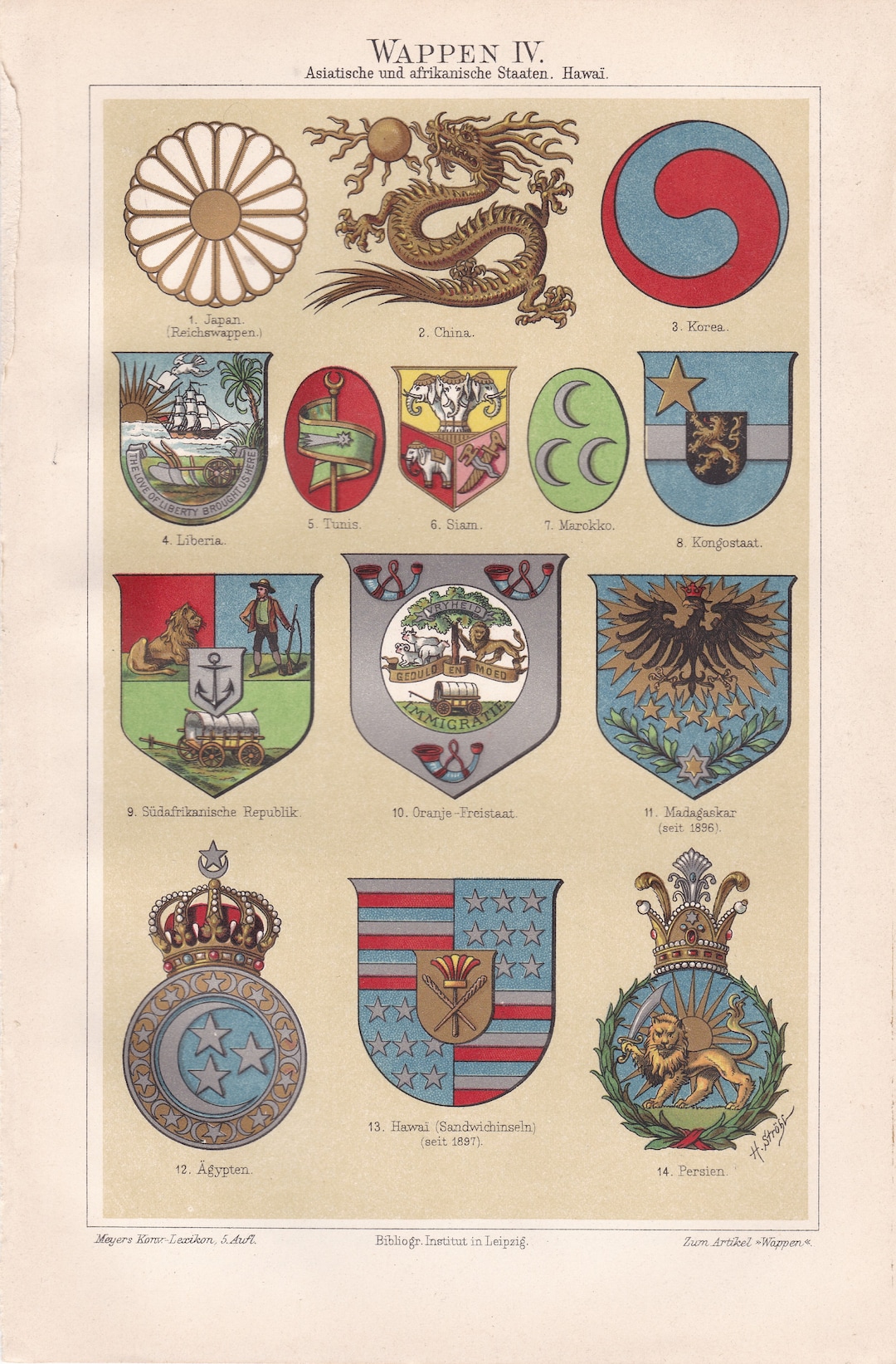 1905 COAT of ARMS of Asian & African Countries Antique Lithograph ...