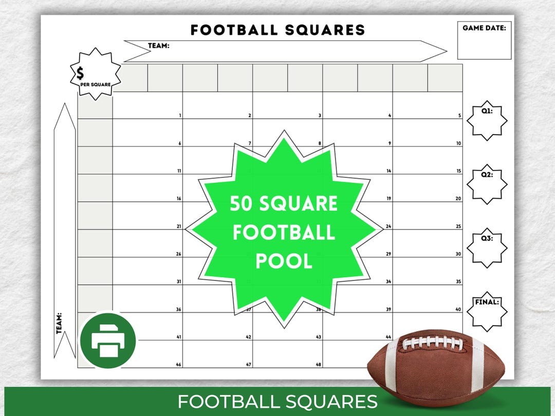 50 Football Squares Printable Grid Black and White Football Pool ...