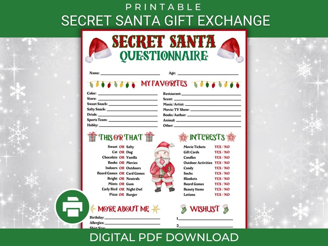 Secret Santa Questionnaire Printable Christmas Gift Exchange Survey Fun ...