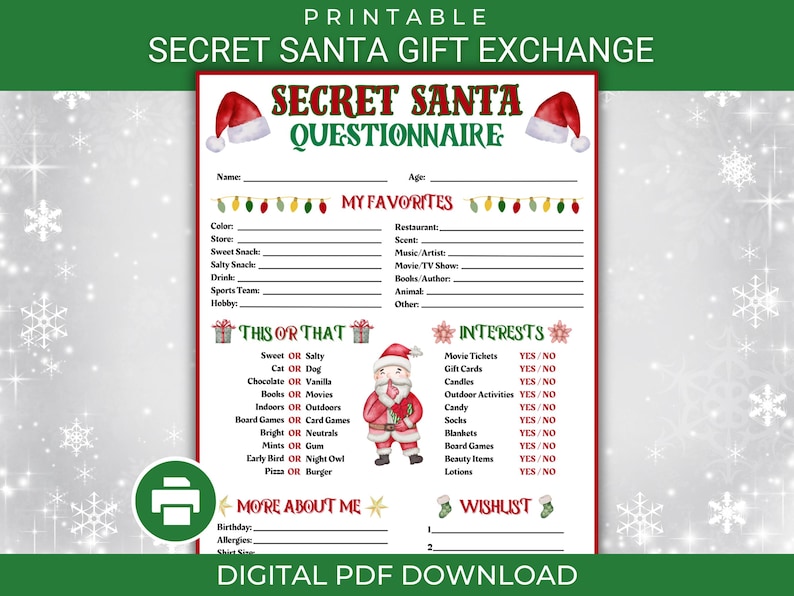 Secret Santa Questionnaire Printable Christmas Gift Exchange Survey Fun ...