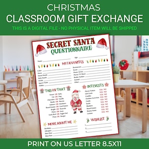 Secret Santa Questionnaire Printable Christmas Gift Exchange Survey Fun ...
