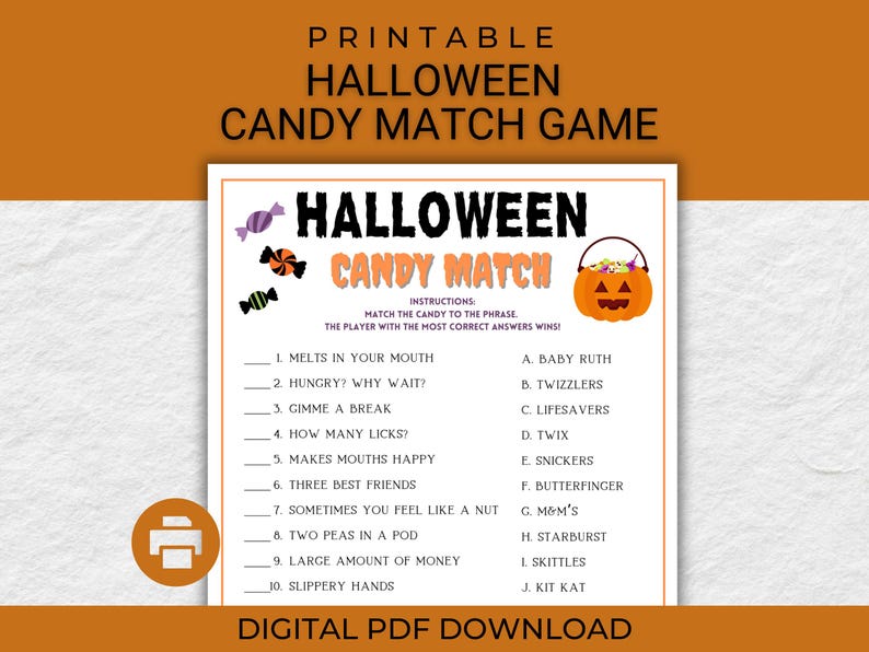 Printable Halloween Candy Match Game Halloween Classroom Games Fun Kid ...