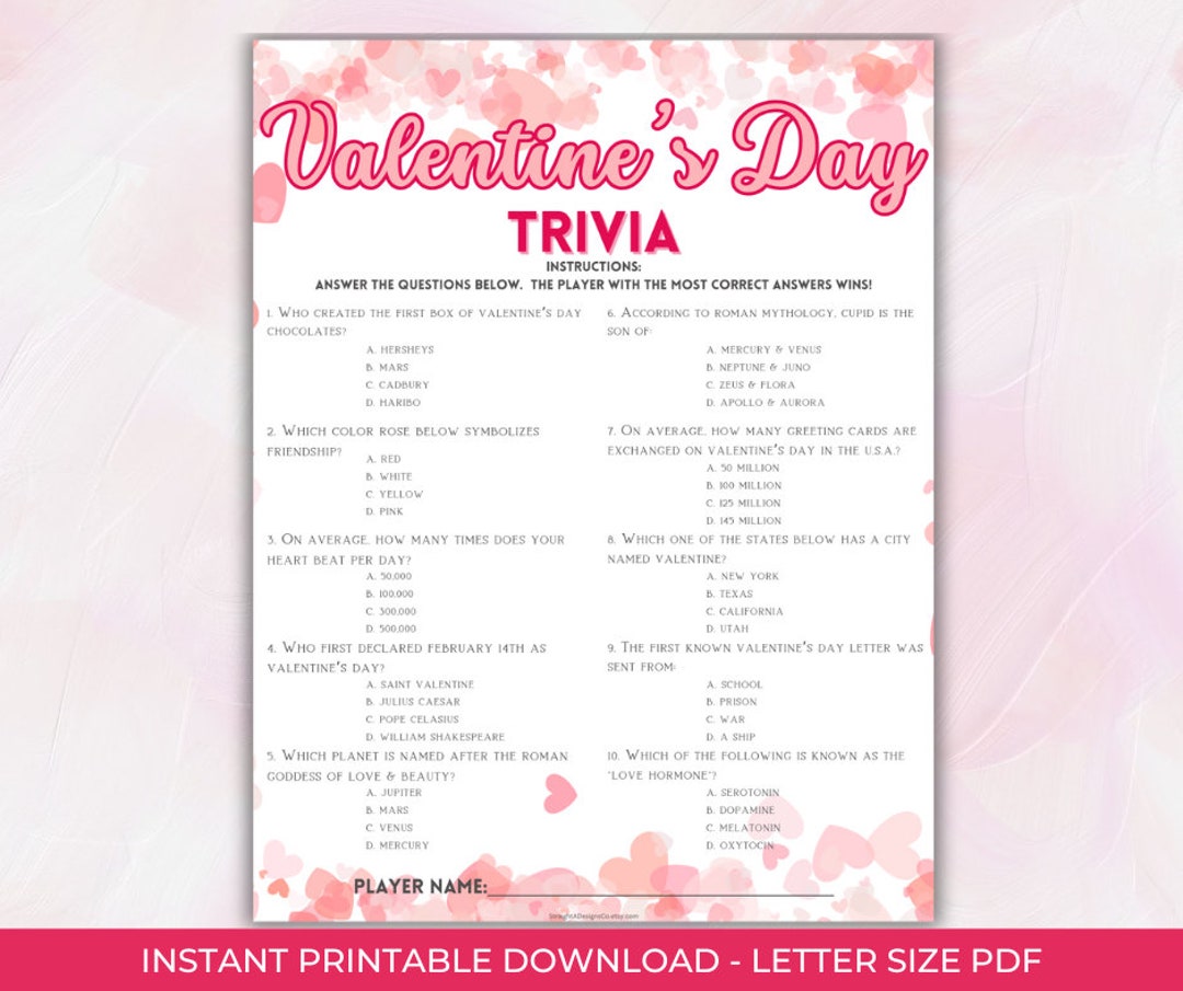 Trivia Valentine Day Game Printable Valentine Day Activity Valentine ...