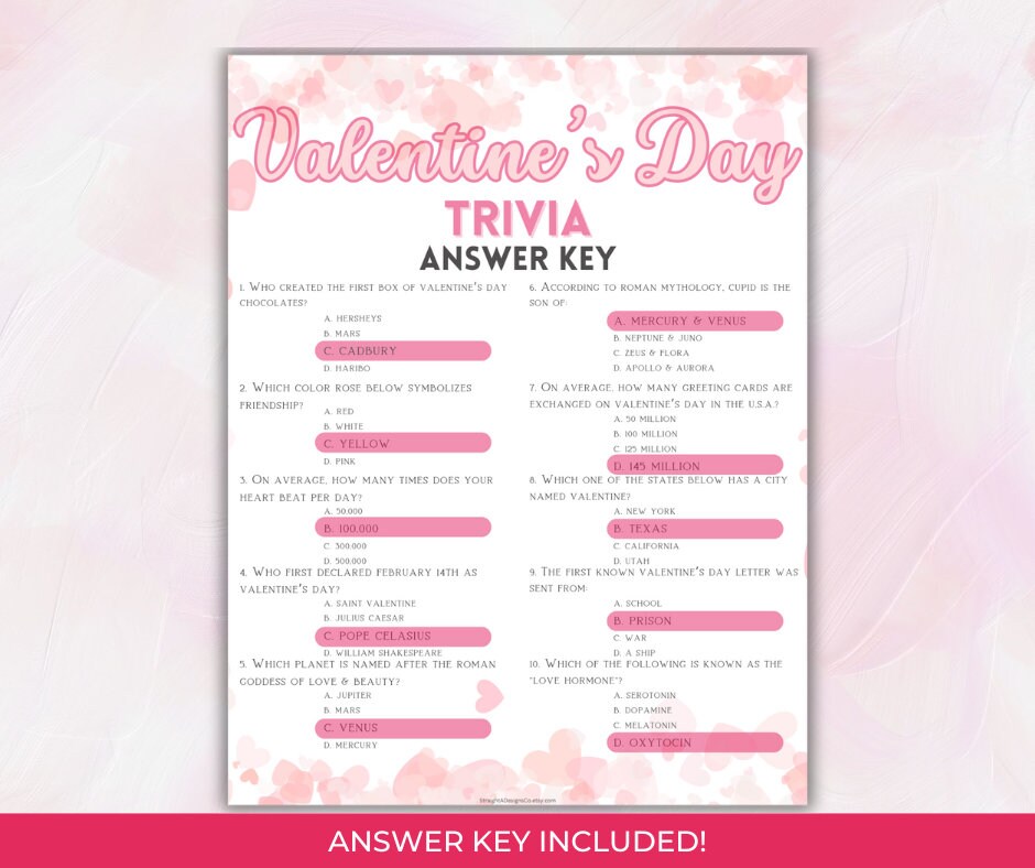 Trivia Valentine Day Game Printable Valentine Day Activity Valentine ...