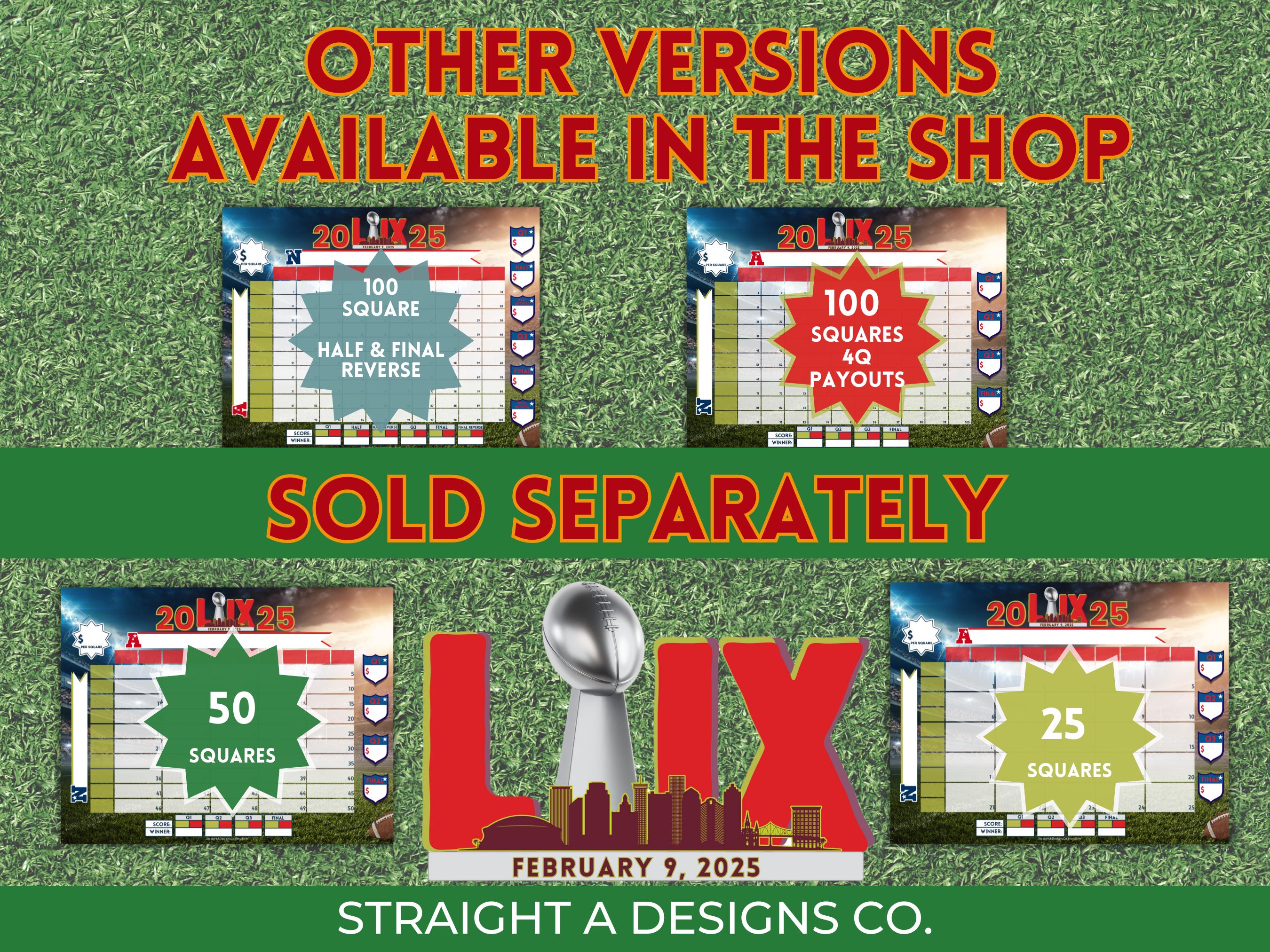 100 Super Football Bowl Squares Football Pool Grid Printable Instant ...