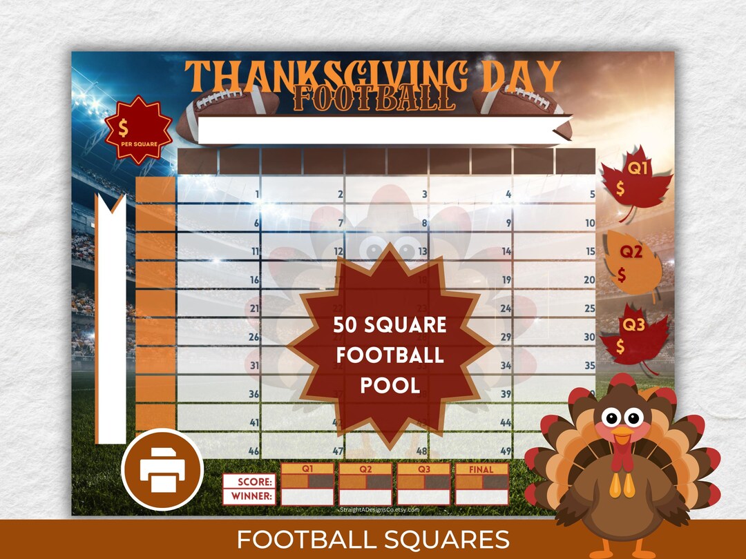 Thanksgiving Day 50 Square Football Grid Printable Football Squares ...