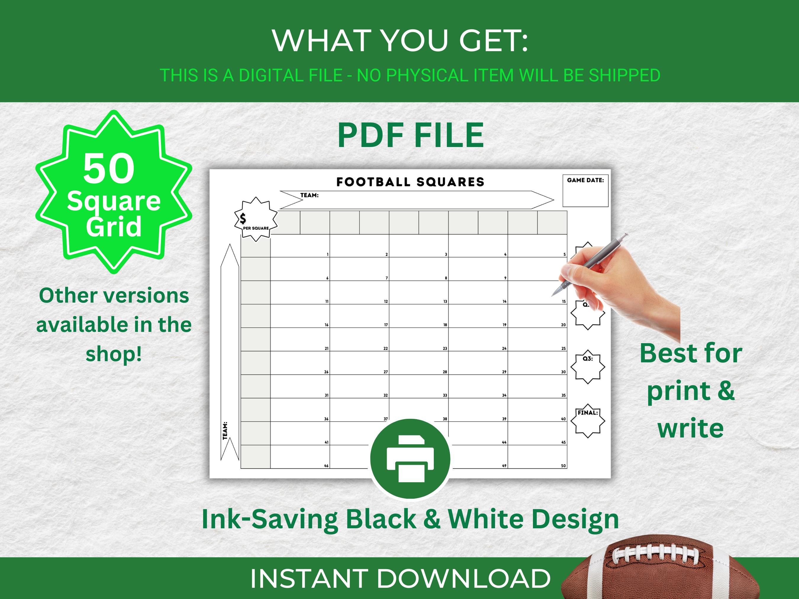 50 Football Squares Printable Grid Black and White Football Pool ...