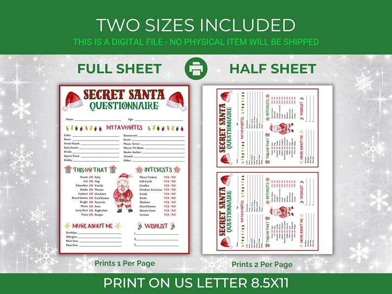 Secret Santa Questionnaire Printable Christmas Gift Exchange Survey Fun ...