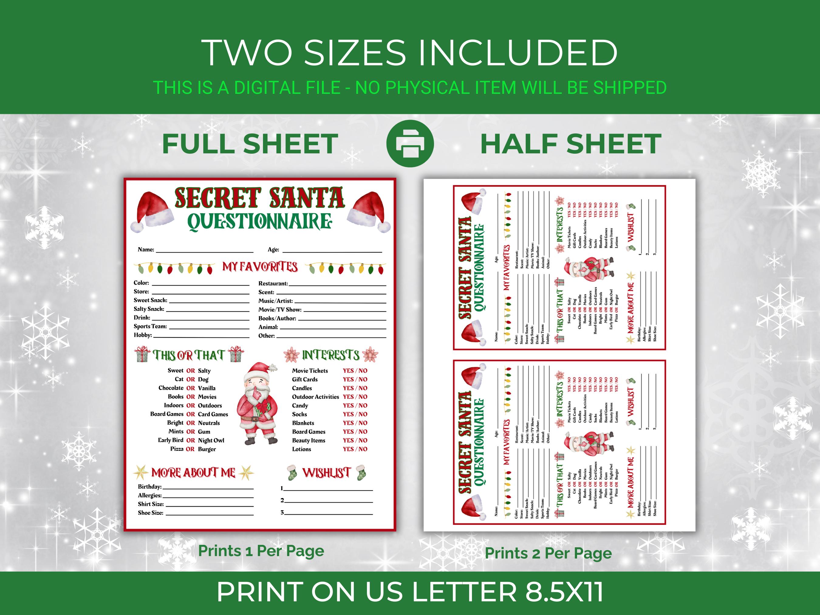 Secret Santa Questionnaire Printable Christmas Gift Exchange Survey Fun ...